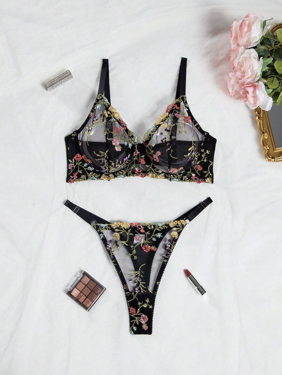 Mesh Floral Embroidery Lingerie Set - Arielle Roth Boudoir